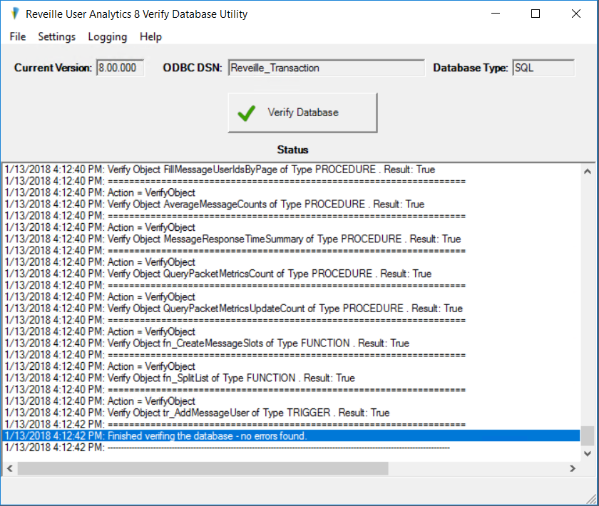 Verify the Reveille 8 Database